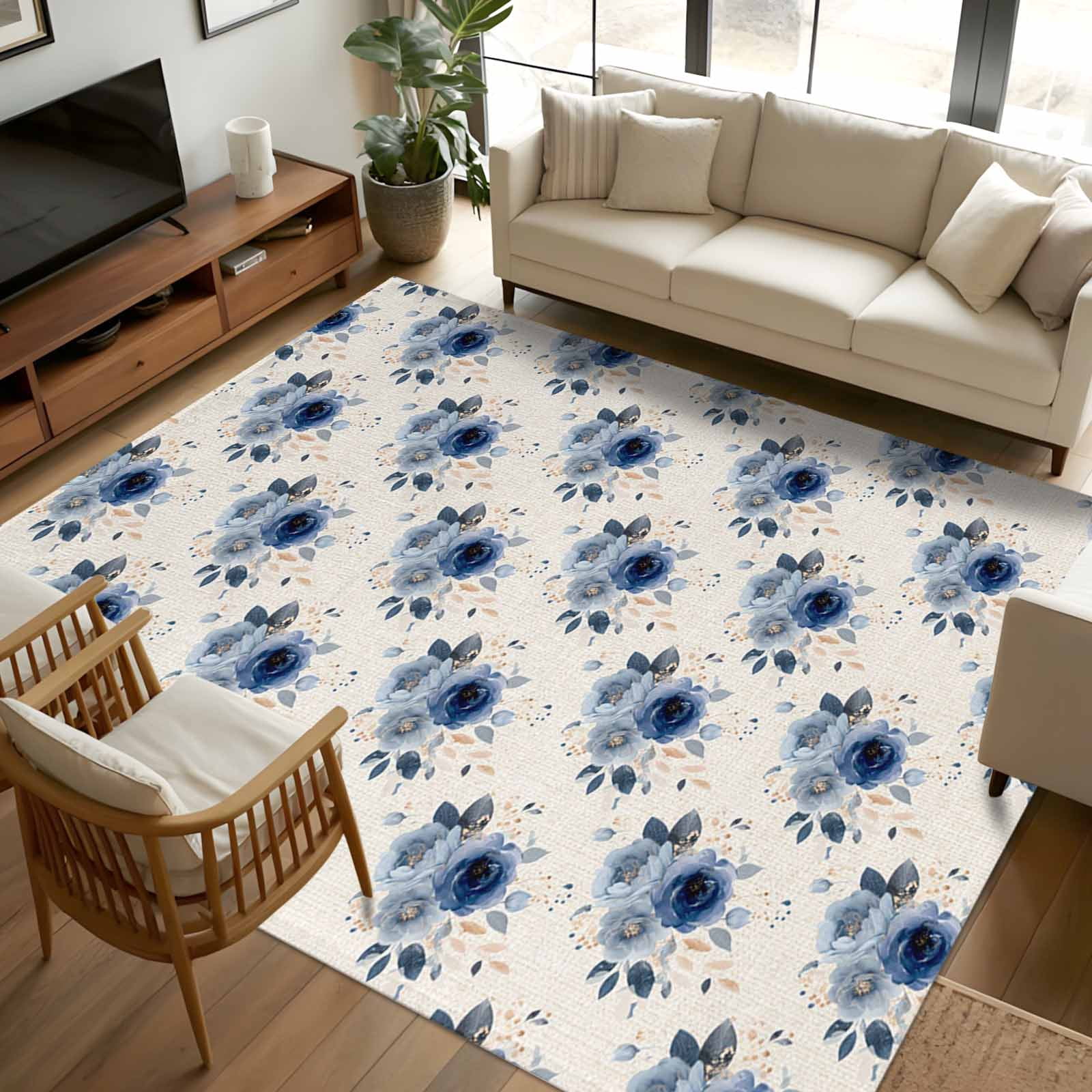 8x10 Area Rugs, Navy Blue Spring Floral Non-Skid Rubber Backing Large ...