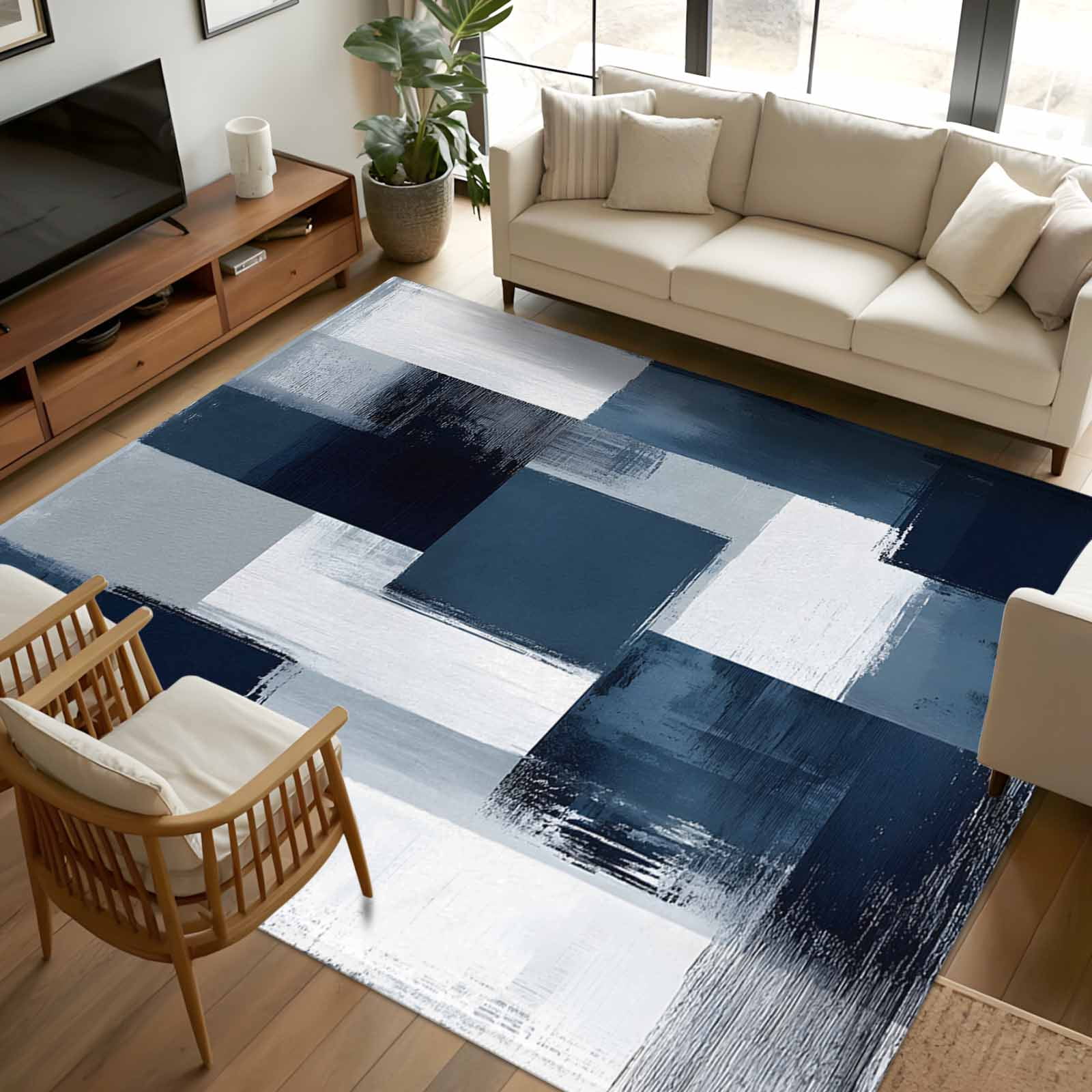 8x10 Area Rugs, Navy Blue White Non-Skid Rubber Backing Large Rectangle ...