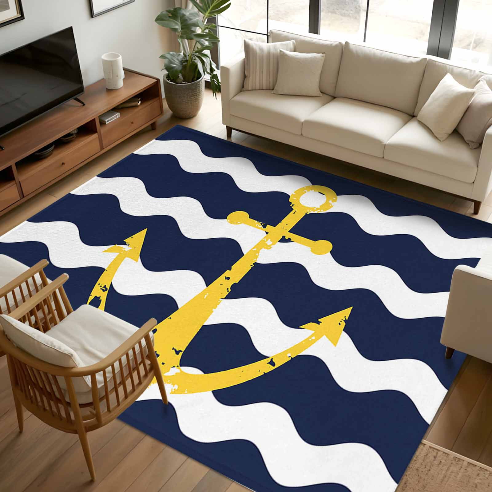 8x10 Area Rugs, Navy Ripple Non-Skid Rubber Backing Large Rectangle ...