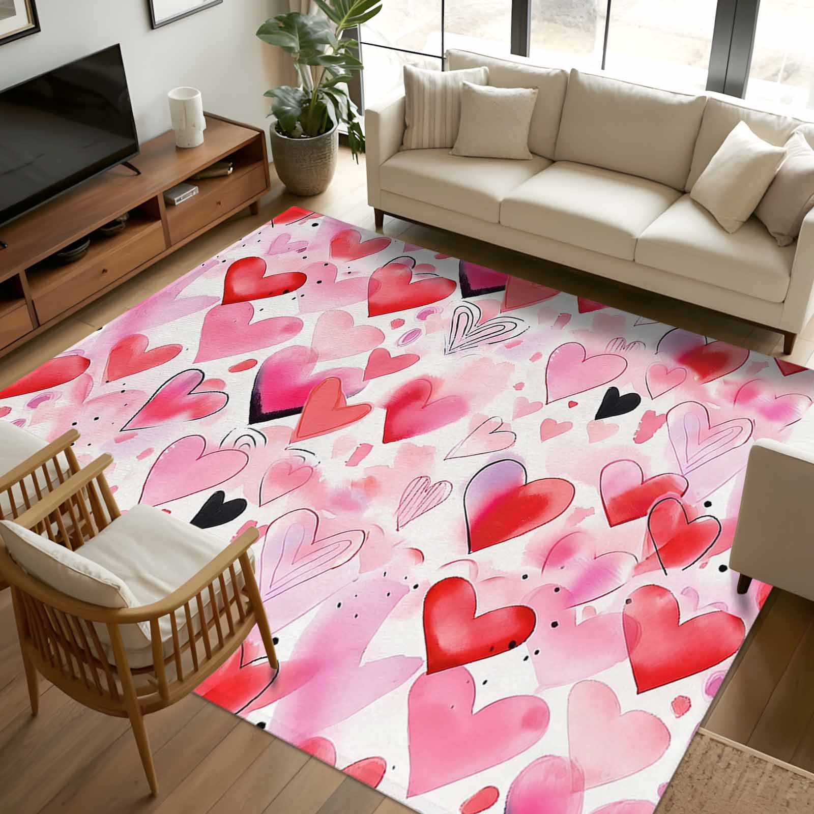 8x10 Area Rugs, Pink Red Love Heart Valentines Non-Skid Rubber Backing ...
