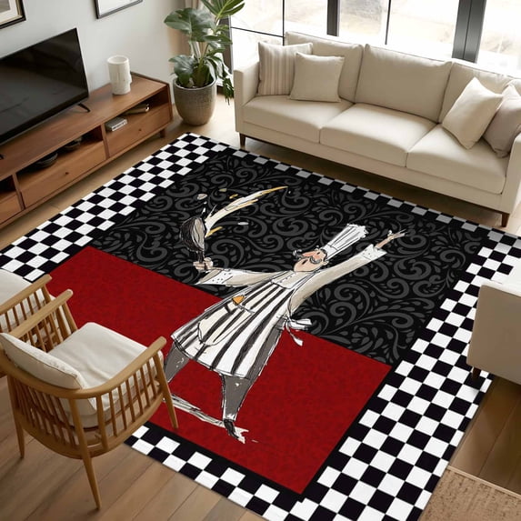 8x10 Area Rugs, Red Black Chef Non-Skid Rubber Backing Large Rectangle ...