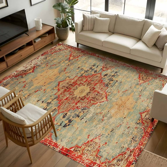 8x10 Area Rugs, Red Blue Boho Non-Skid Rubber Backing Large Rectangle ...