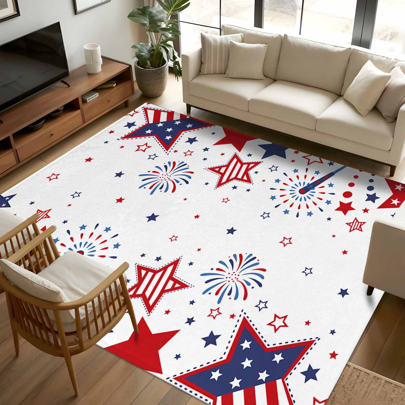 8x10 Area Rugs, Red Blue Star 4th of July Non-Skid Rubber Backing Large ...