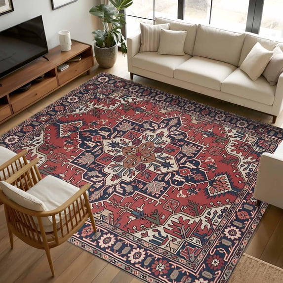 8x10 Area Rugs, Red Boho Non-Skid Rubber Backing Large Rectangle Rugs ...