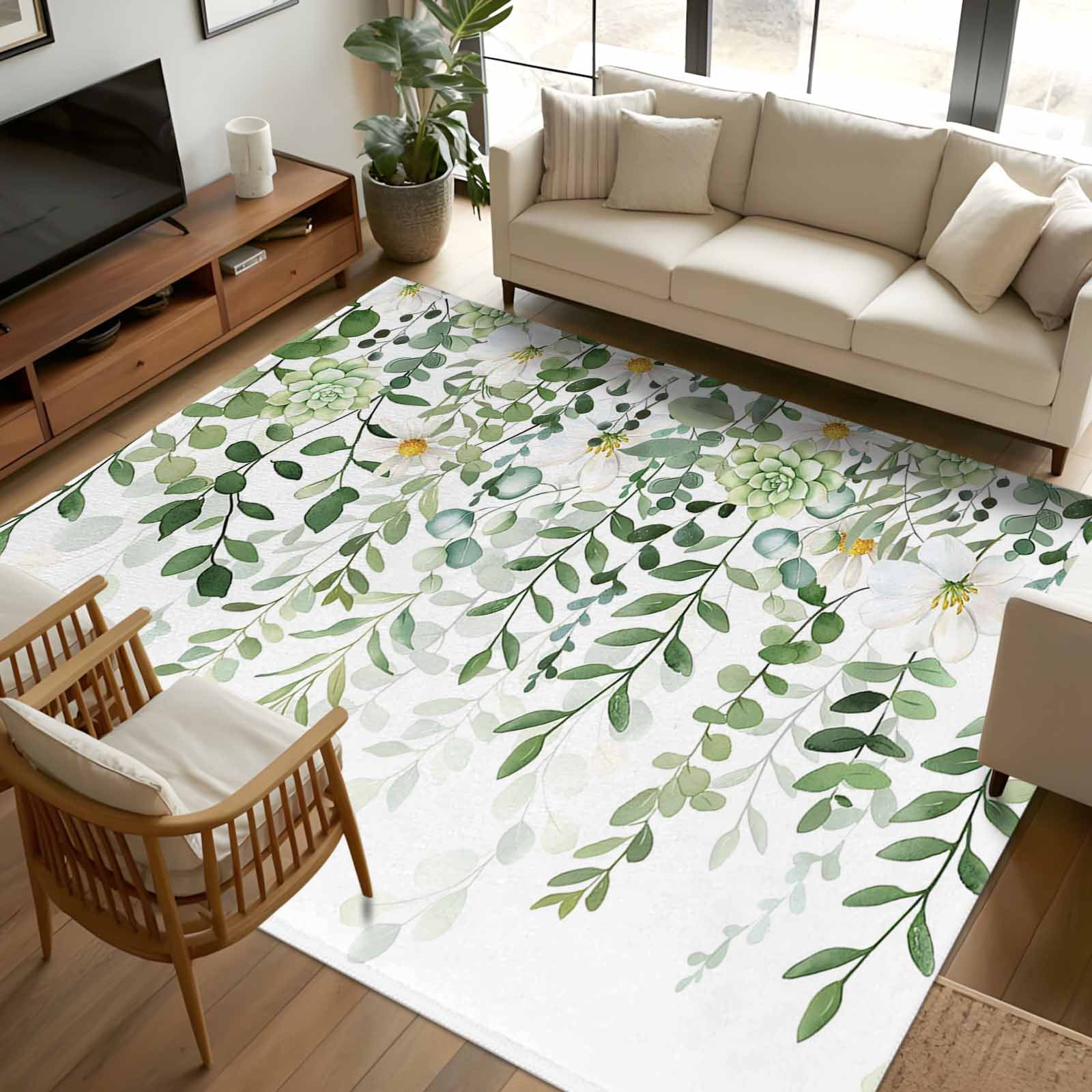 8x10 Area Rugs, Sage Green Eucalyptus Leaves Non-Skid Rubber Backing ...