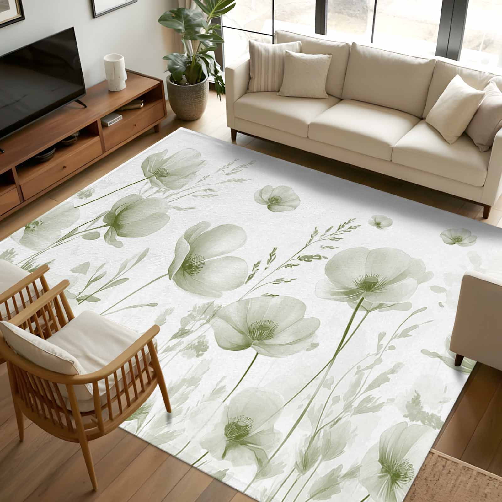 8x10 Area Rugs Sage Green Spring Floral Non-Skid Rubber Backing Large ...