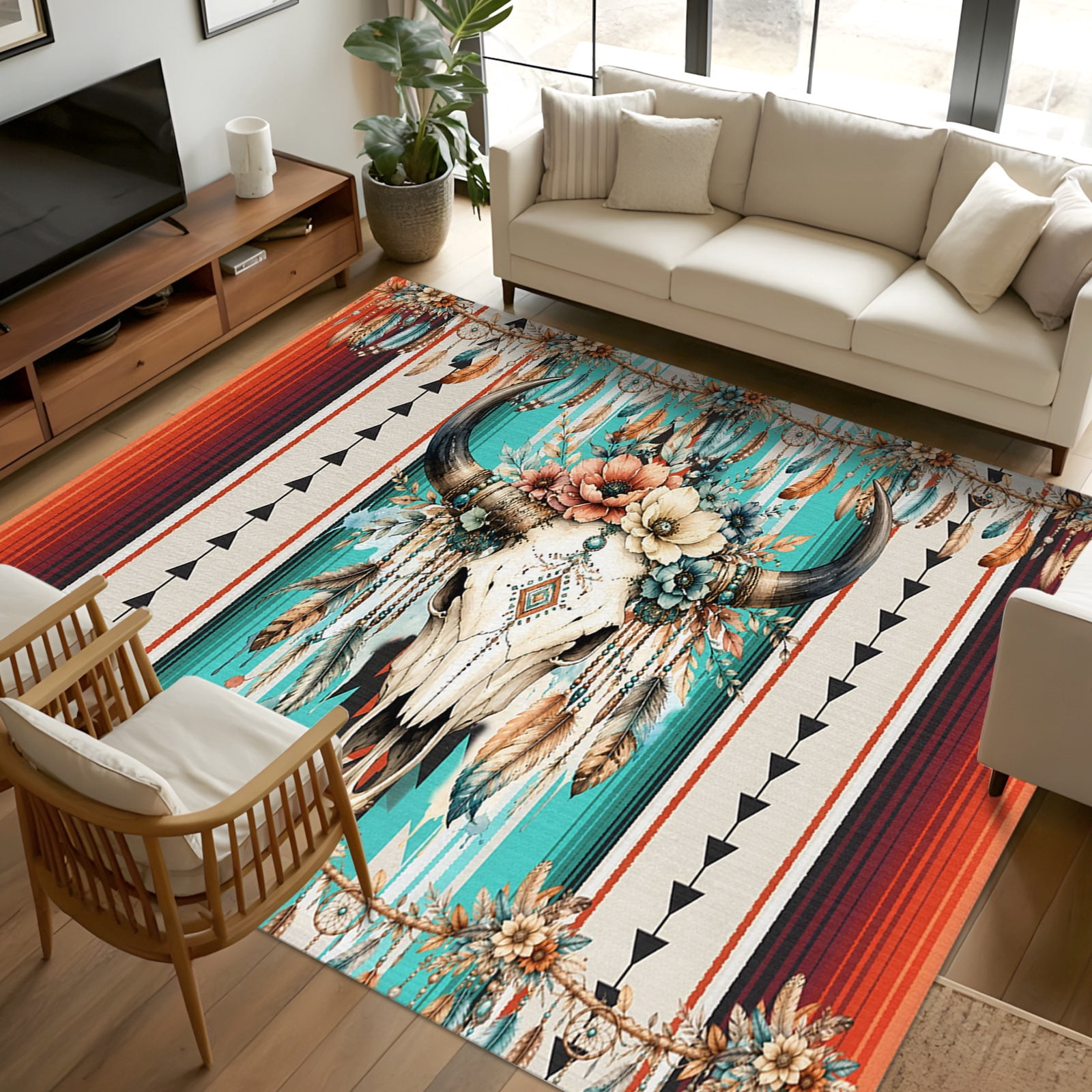 8x10 Area Rugs, Southwestern Turquoise Non-Skid Rubber Backing Large ...