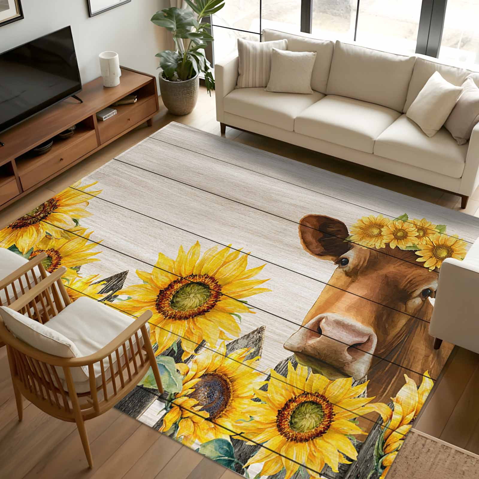 8x10 Area Rugs, Sunflowers Cow Non-Skid Rubber Backing Large Rectangle ...