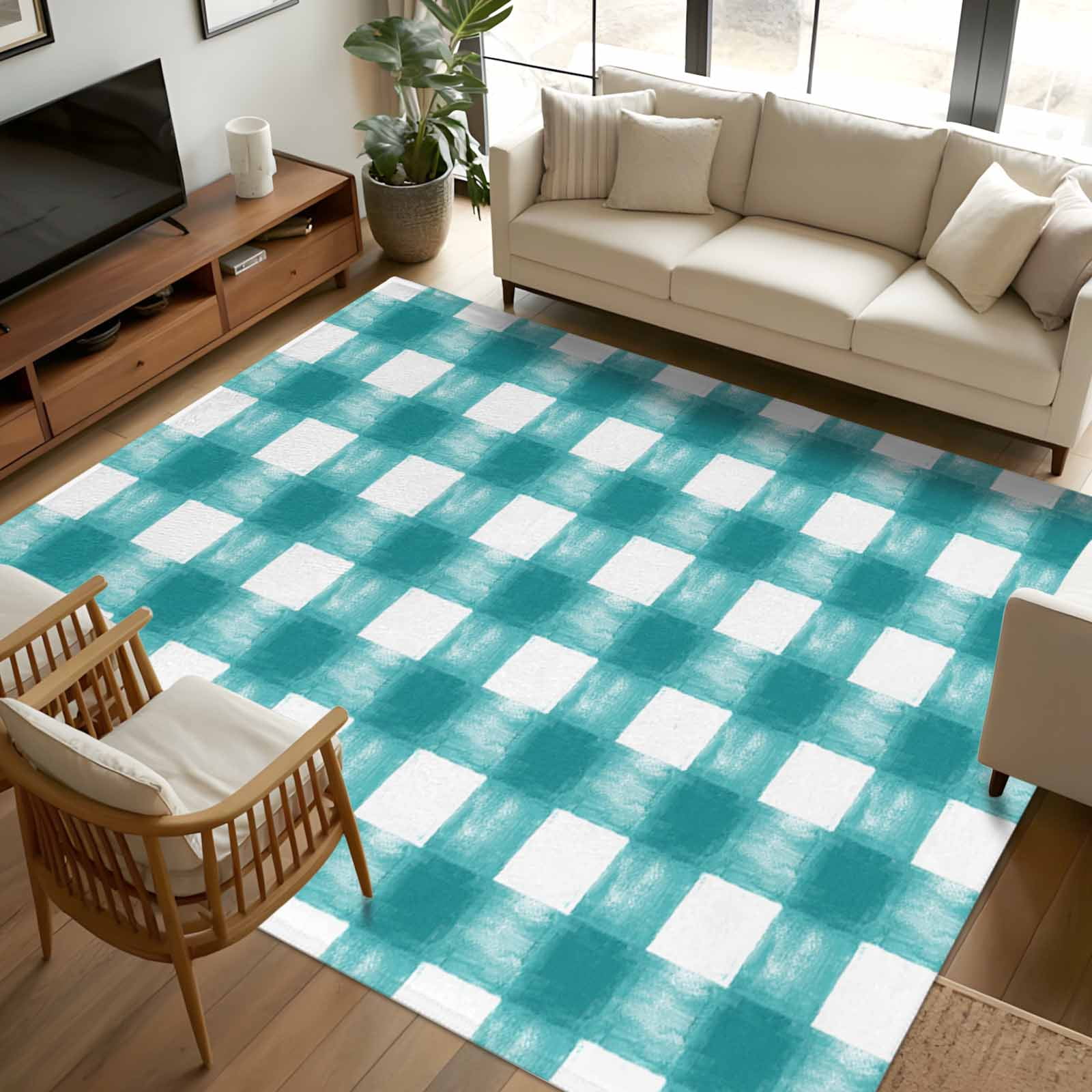 8x10 Area Rugs, Turquoise Buffalo Check Non-Skid Rubber Backing Large ...