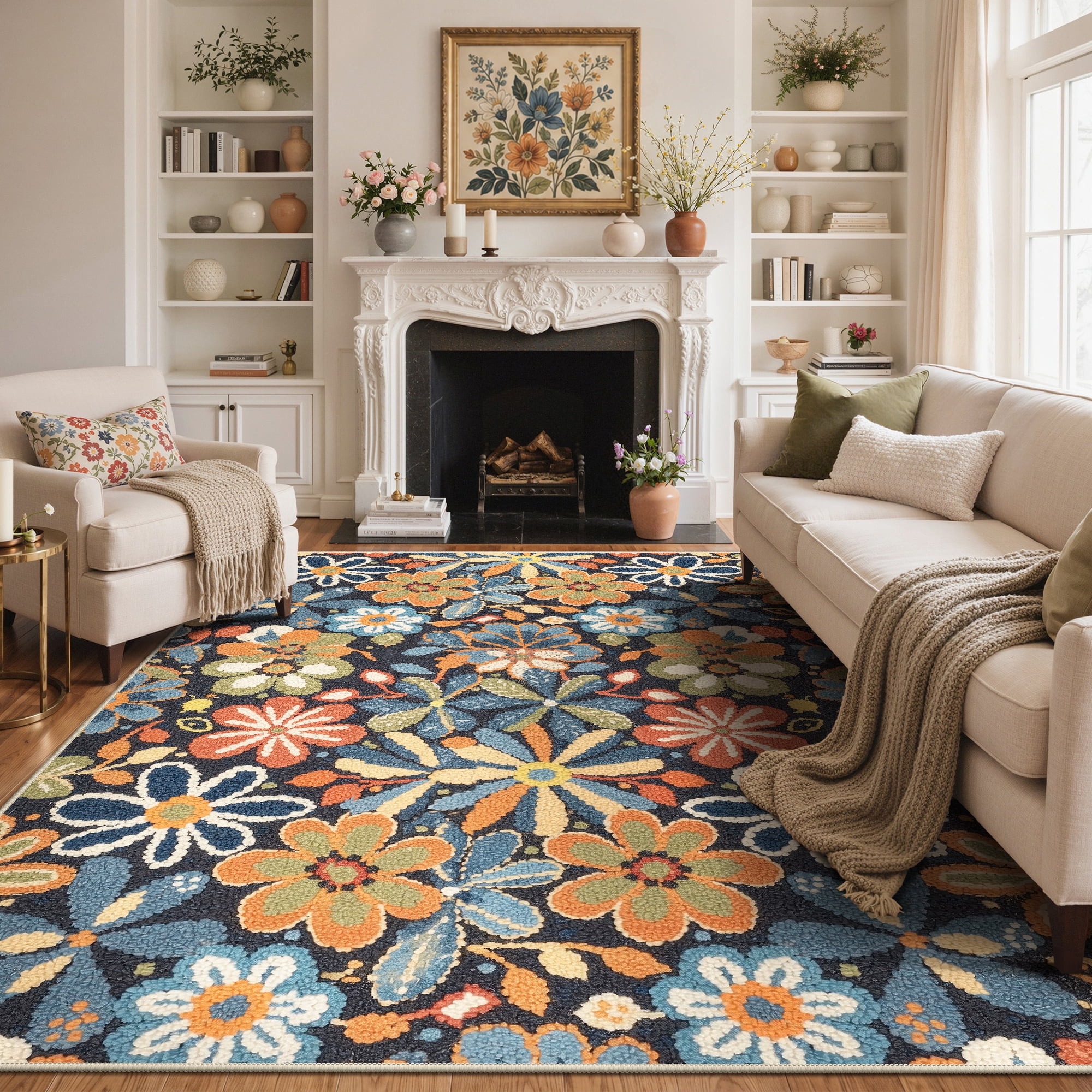 DEORAB 8x10 Area Rugs Floral Botanical Black Soft Ultra Thin Washable ...