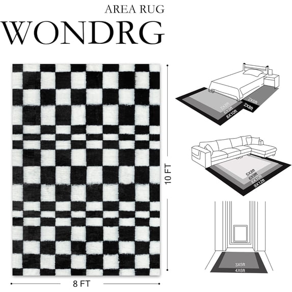 8x10 Black and White Area Rug Fluffy Shag Checkered Living Room Throw ...