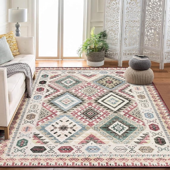 8x10 FT Modern Geometric Area Rug, Washable Rustic Style Rug with Low ...