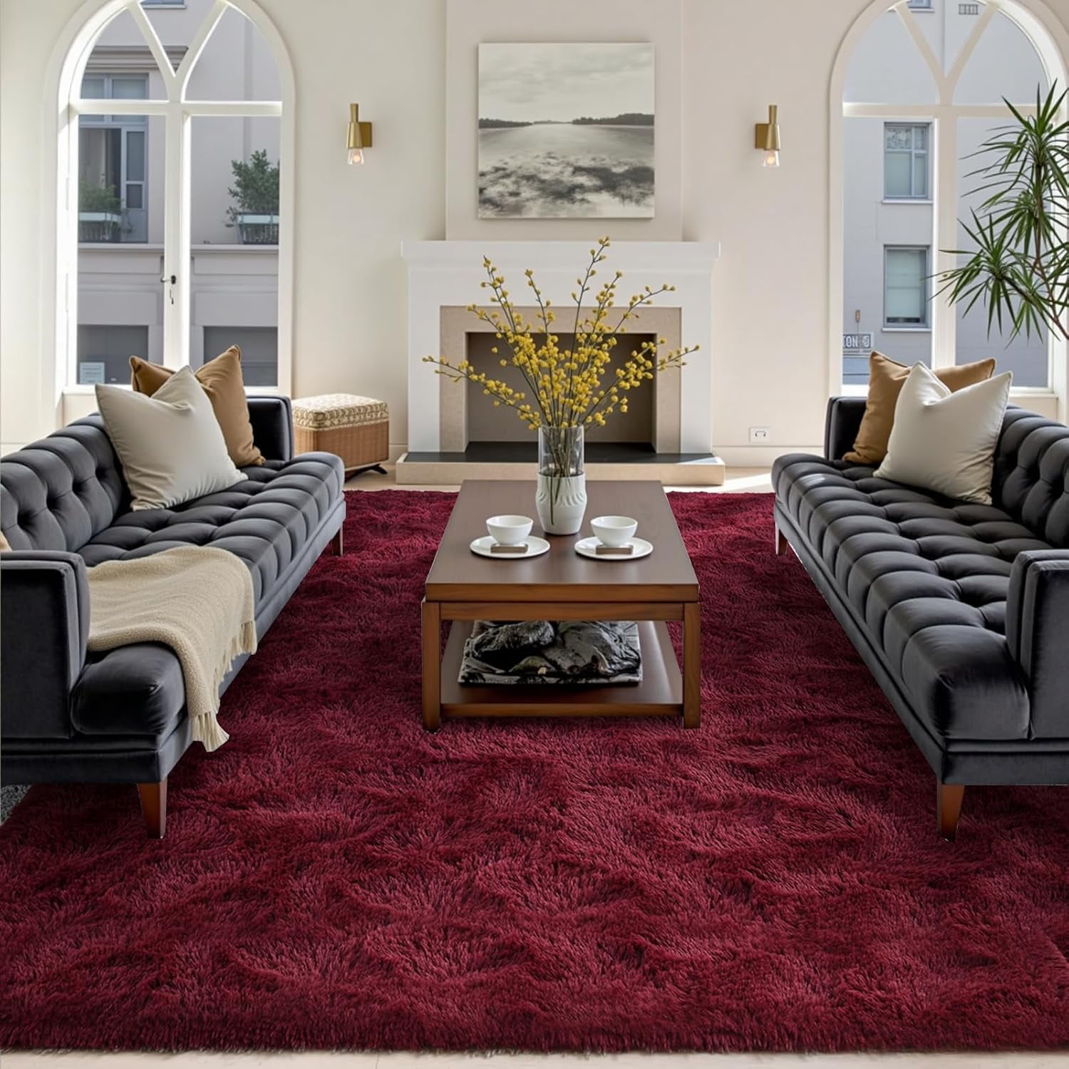 8x10 Feet Red Rug for Living Room Bedroom, Fluffy Shag Area Rug, Non ...