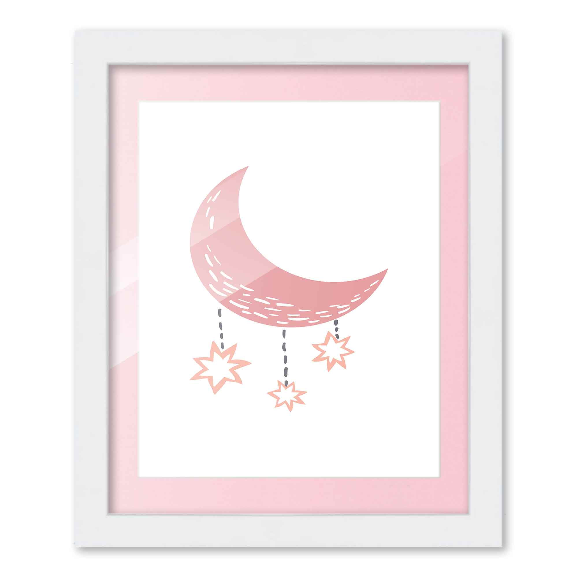 8x10 Framed Nursery Wall Art Boho Galaxy Moon Poster in Pink with Soft ...