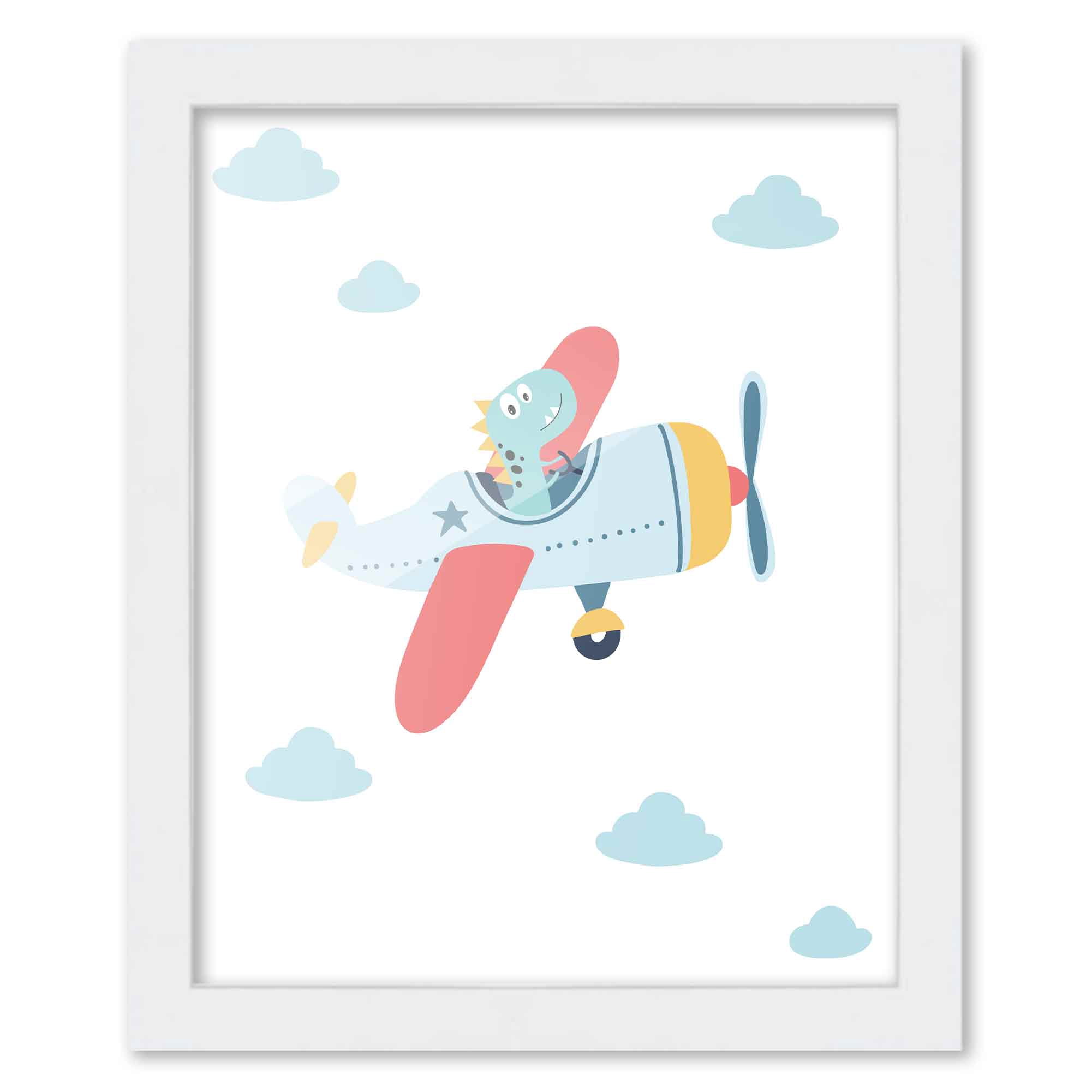 8x10 Framed Nursery Wall Art Hand Drawn Dinosaur Air Plane Poster in ...