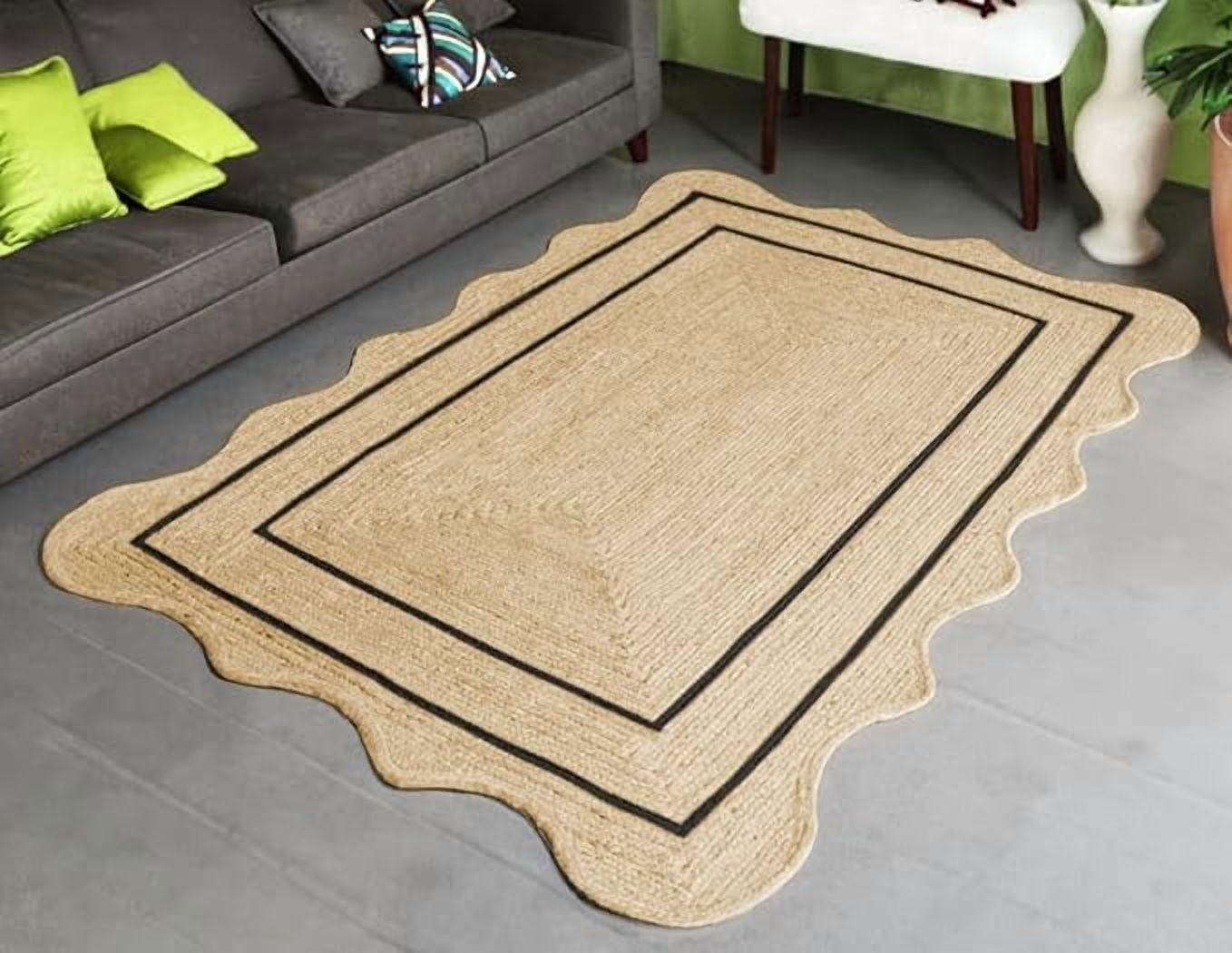 8x10 Ft Black Border Premium Scalloped Jute Rug, Handcrafted Natural ...
