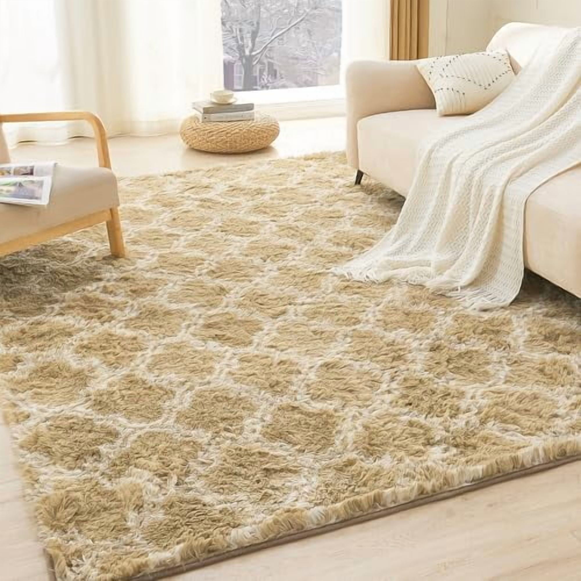 8x10 Geometric Shag Area Rug for Bedroom, Camel and White High Pile ...