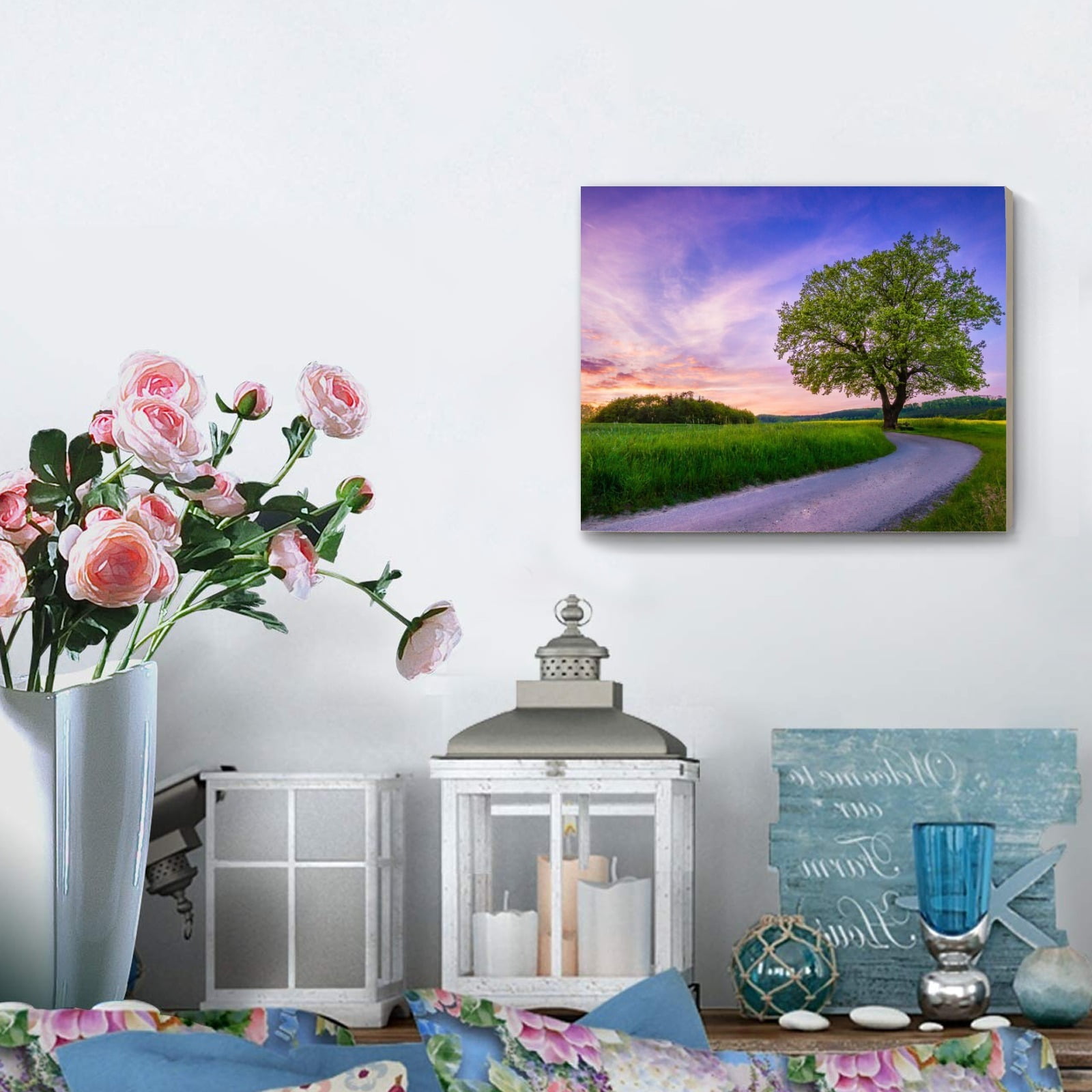 8x10 Inch Wooden Frame Landscape Painting - Lone Tree on Winding Path with Sunset Sky, Serene ...