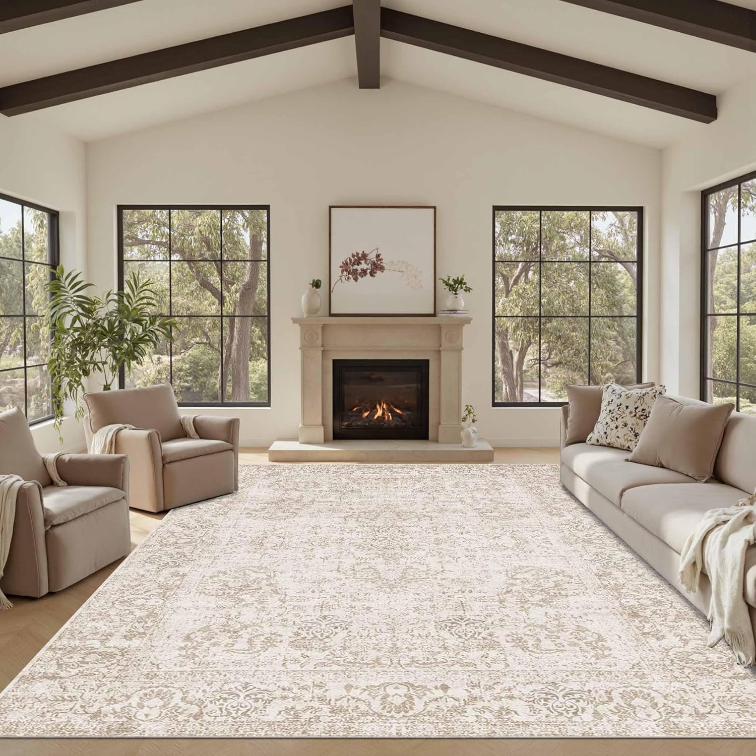 8x10 Large Rugs for Living Room, Neutral Washable Area Rug, Vintage ...