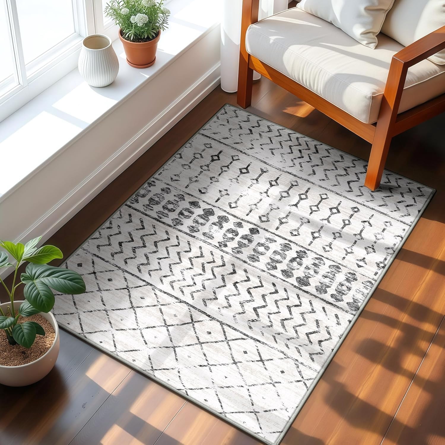 8x10 Machine Washable Area Rug for Living Room, Brown White Vintage ...