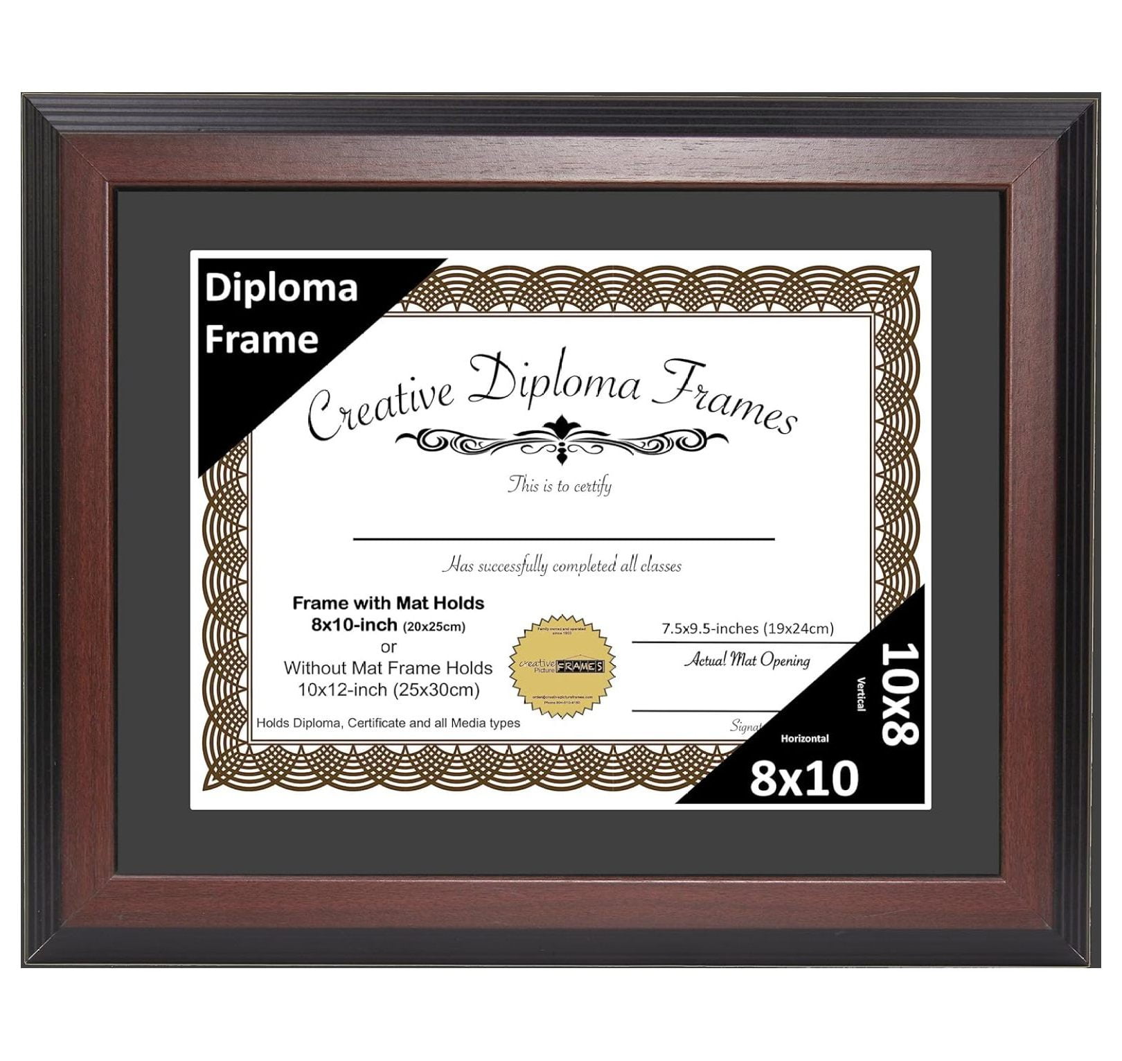 8x10 Mahogany Finish Diploma Frame with Black Matting Holds 8 by 10 ...
