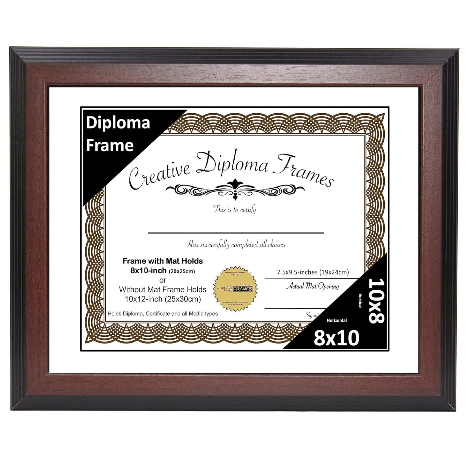 8x10 Mahogany Finish Diploma Frame with White Matting Holds 8 by 10 ...