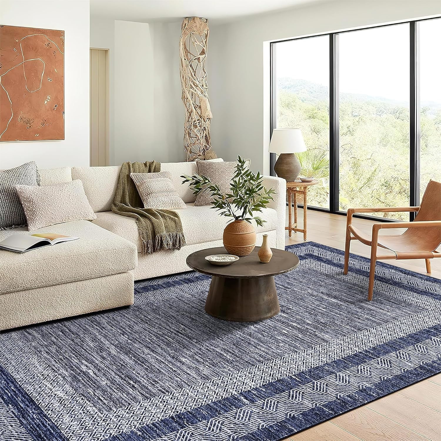 8x10 Modern Rug Thin Washable Non-Slip Geometric Border Low Pile ...