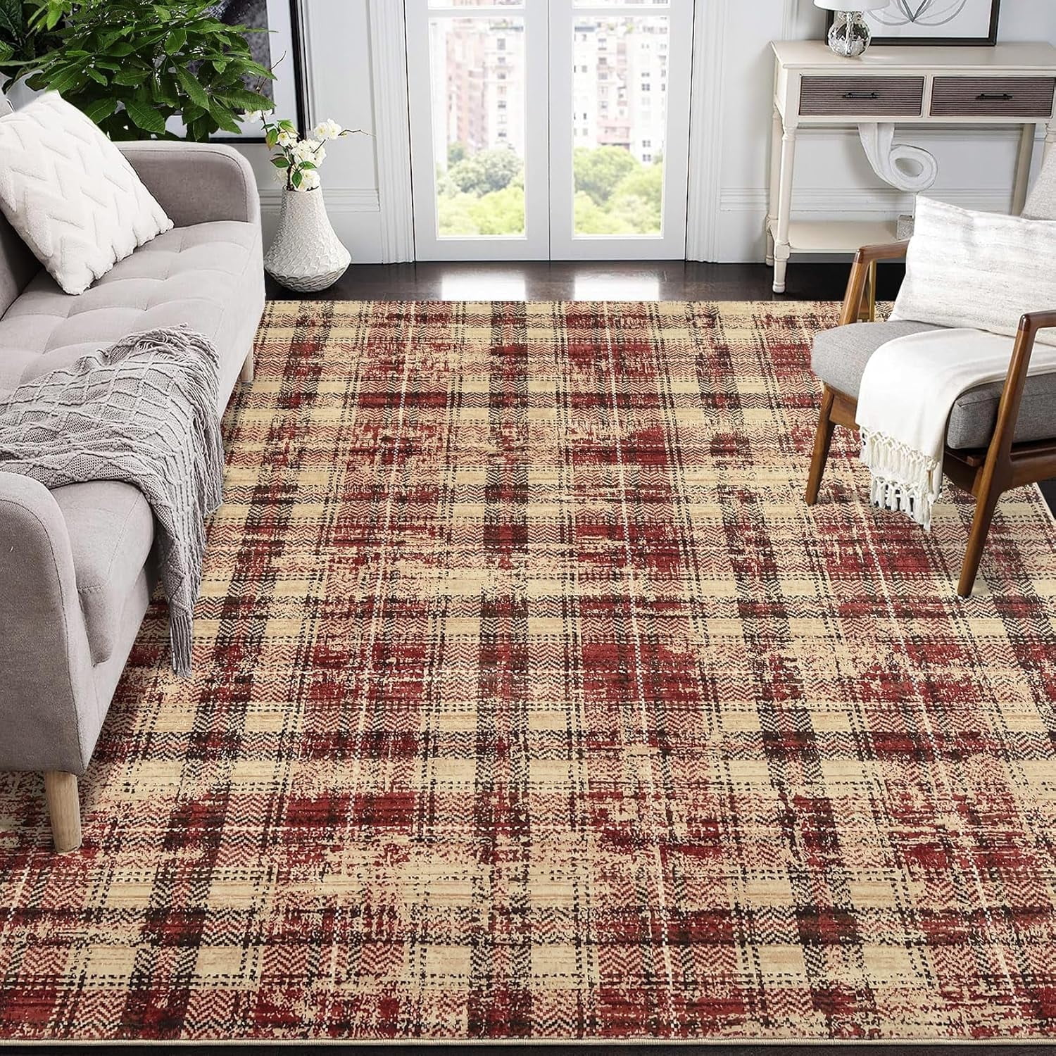 8x10 Modern Washable Tartan Plaid Area Rug - Soft Non-Slip Carpet for ...