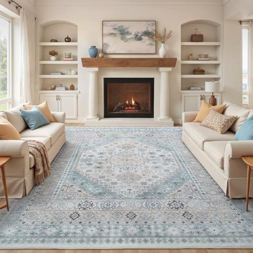 8x10 Neutral Area Rugs, Washable Large Living Room Rug, Vintage Carpet ...