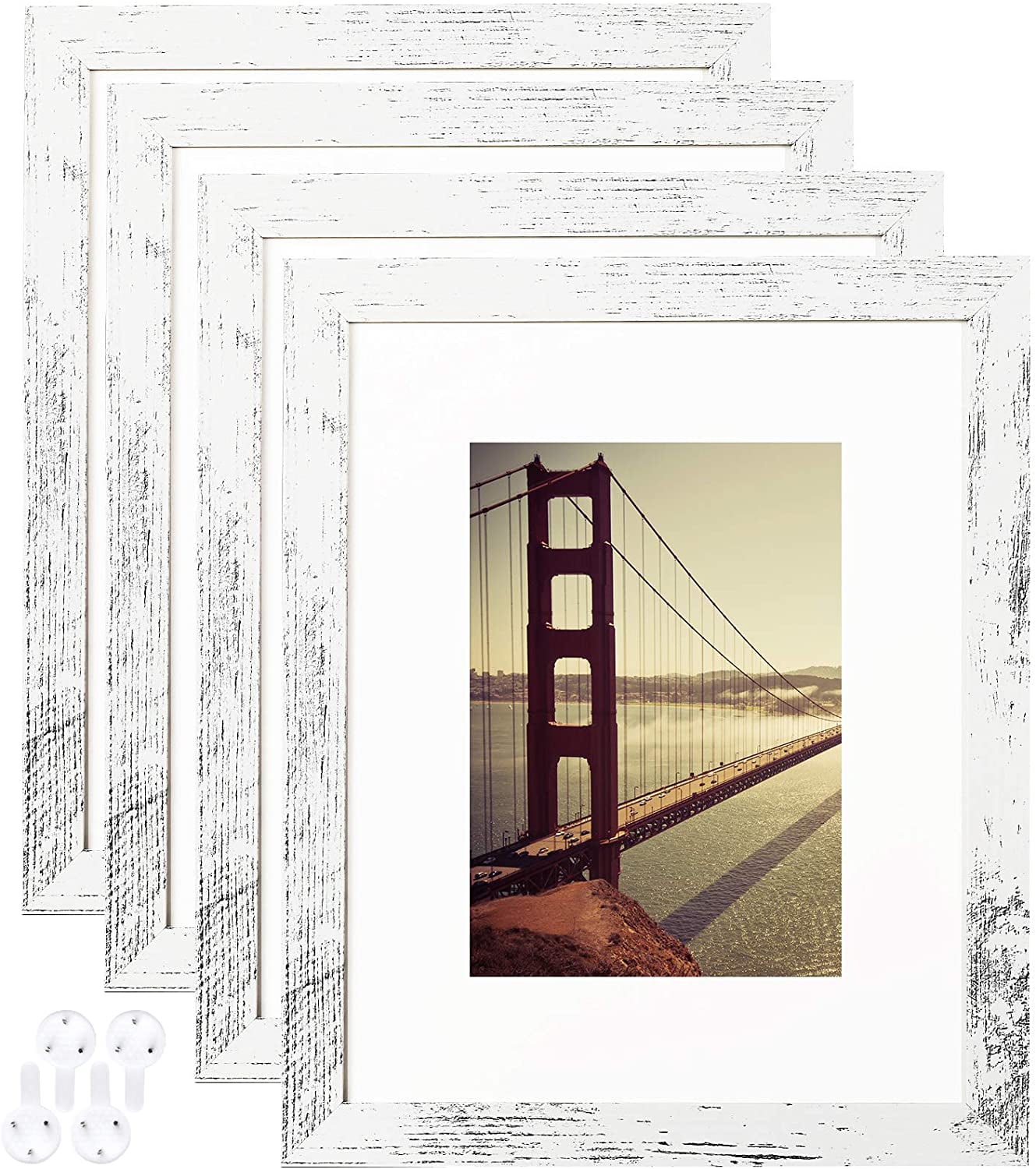 8x10 Picture Frame Distressed White Wood Pattern Set of 4 with Tempered ...
