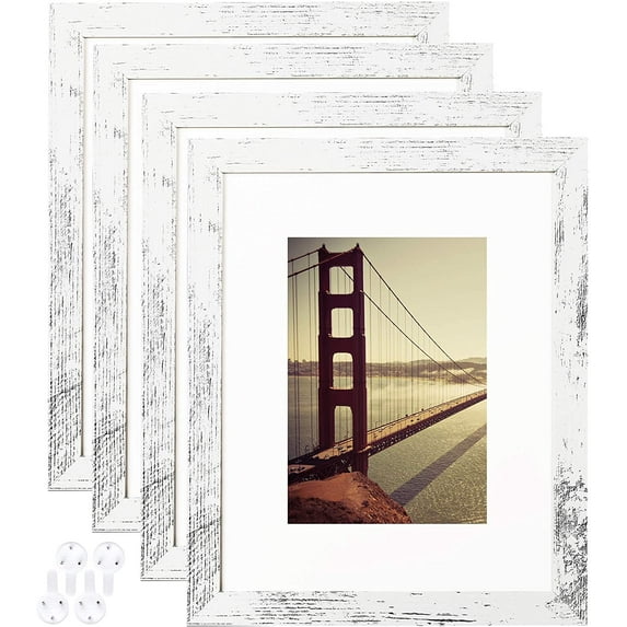 8x10 Picture Frame Distressed White Wood Pattern Set of 4 with Tempered ...