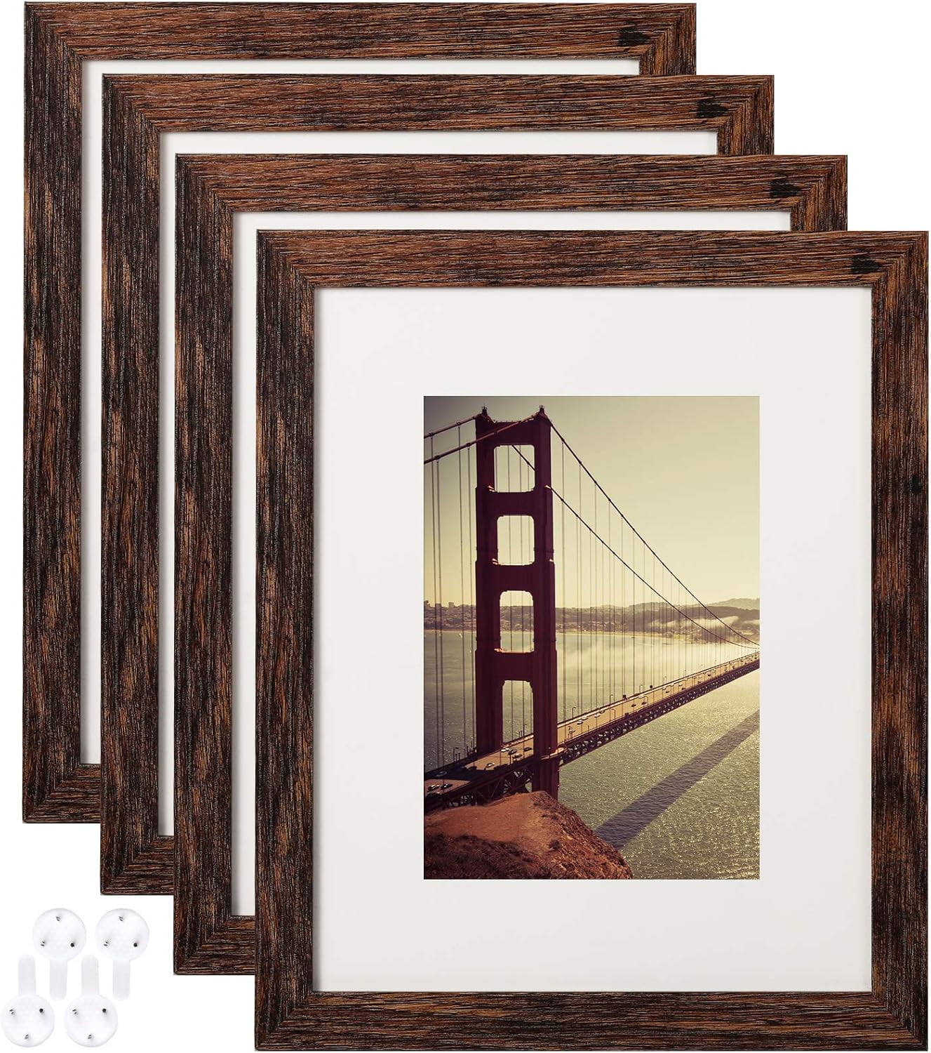 8x10 Picture Frame Rustic Brown Wood Pattern Set of 4 with Tempered ...