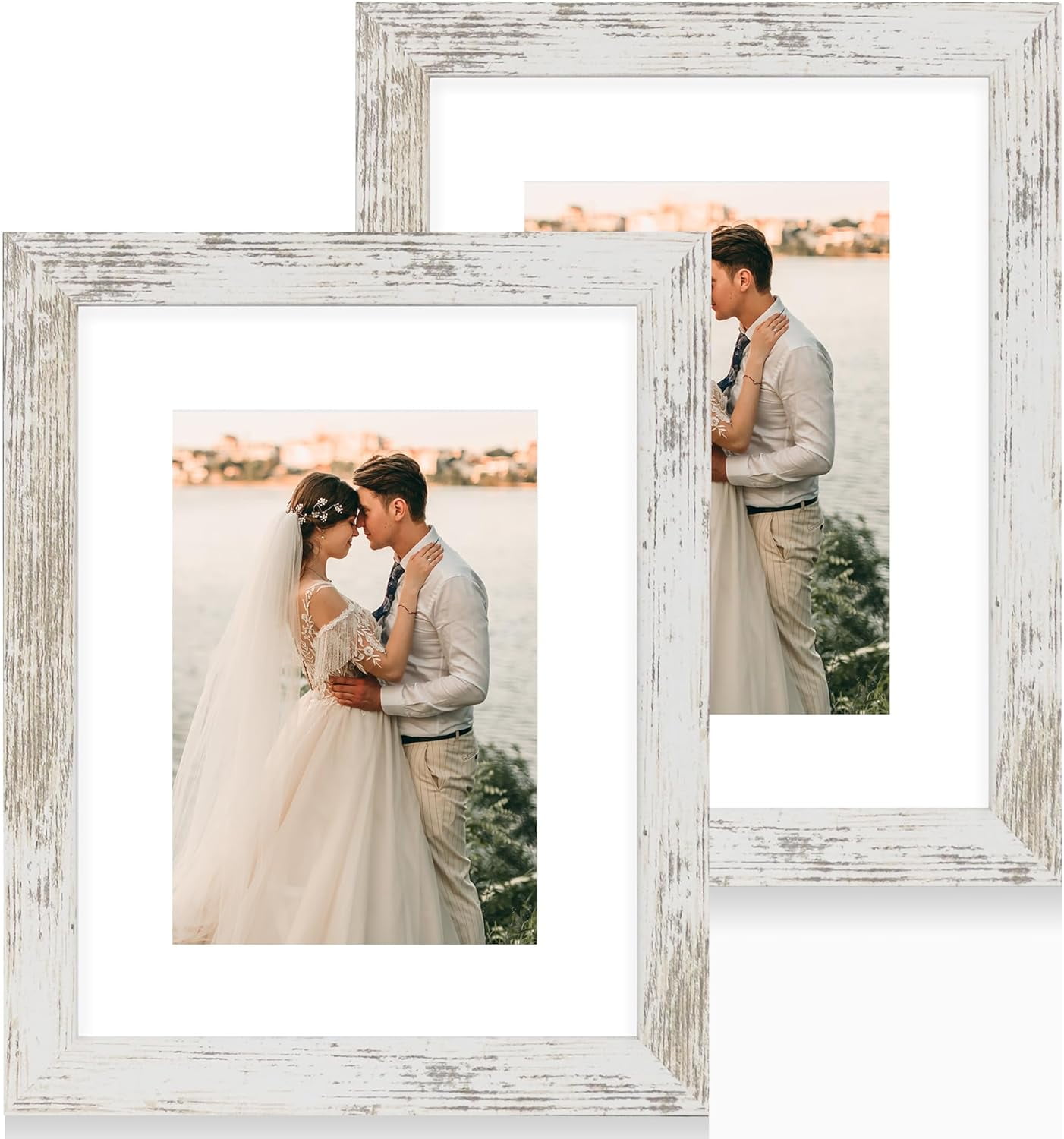 8x10 Picture Frame Set of 2 with HD Glass, Distressed White Photo Frames Display 5x7 Pictures ...
