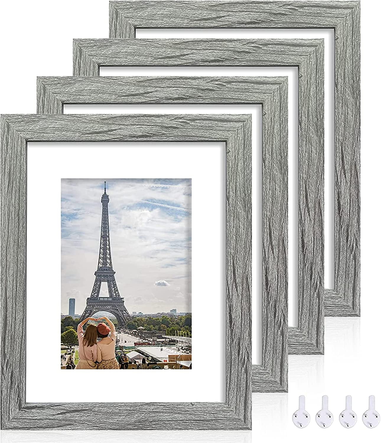 8x10 Picture Frame Set of 4, Made of Real Glass and Grey Wooden Frame ...