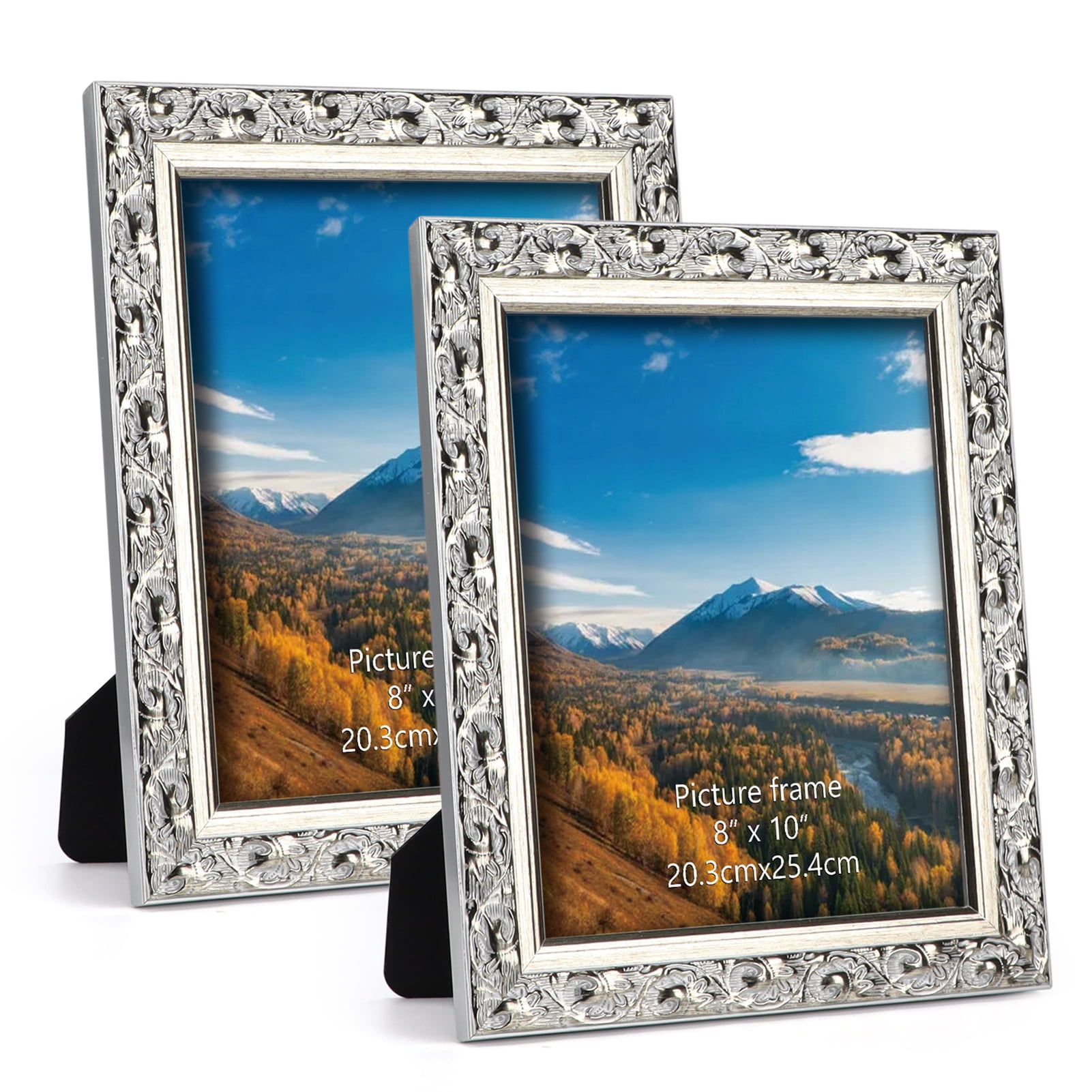 Set of 2, 8x10 Vintage Silver Picture Frames, Carved Retro Pattern, Wooden, Horizontal, Wall and ...