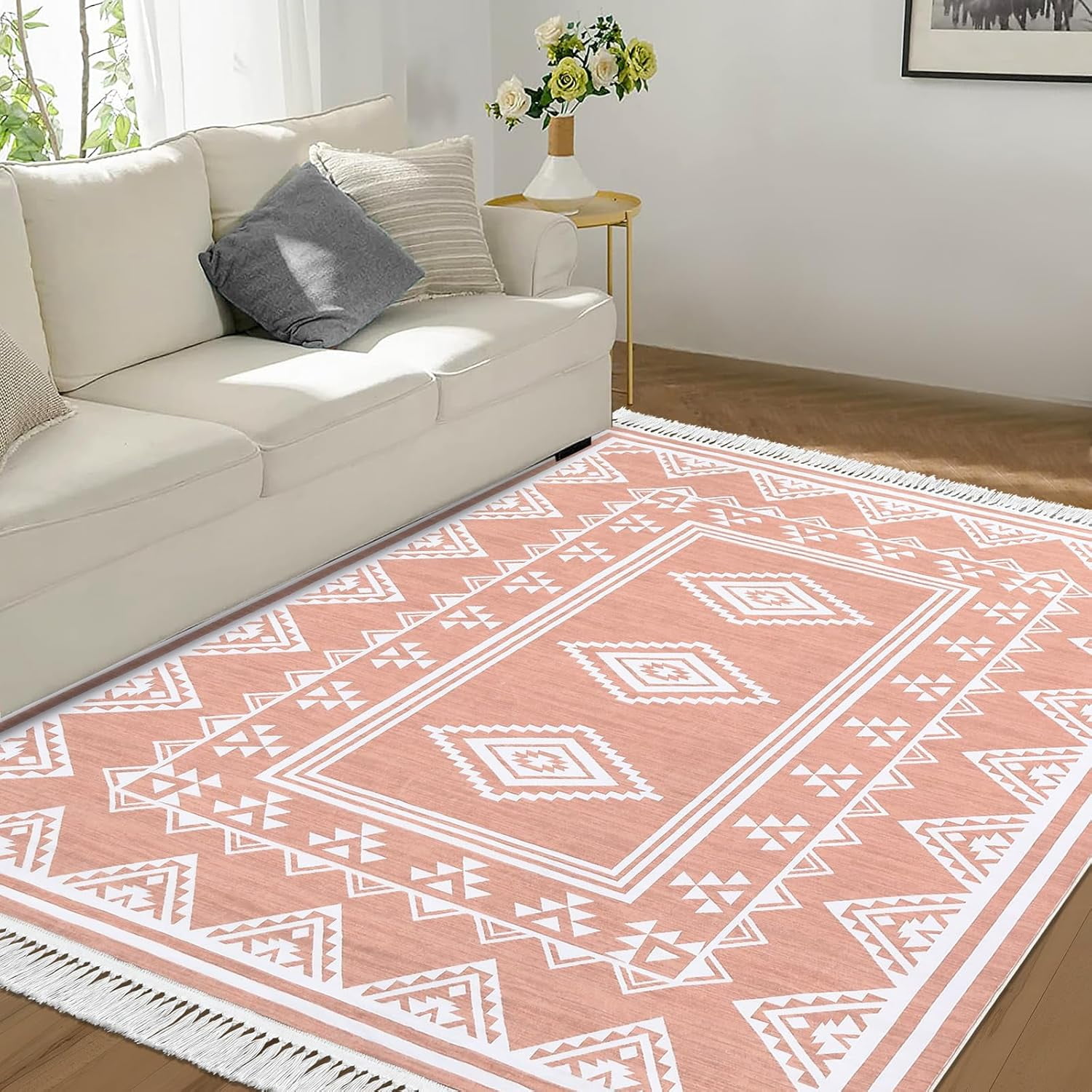 8x10 Pink Tassel Rug – Washable Boho Throw Rug for Living Room and ...