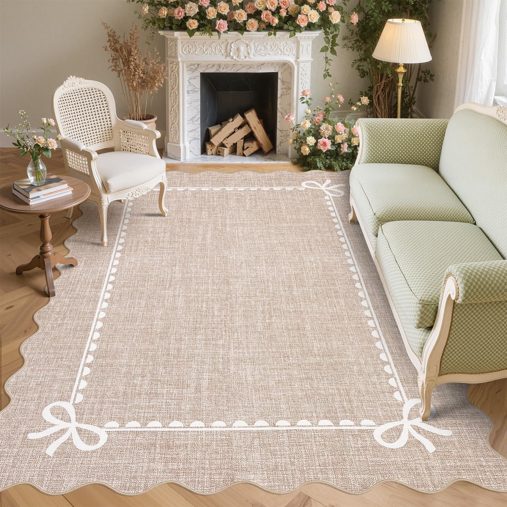 8x10 Scalloped Bow Rug for Living Room,Solid Camel Rug for Dorm ...