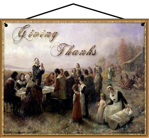 8x10 Vintage Style Sign Giving Thanks with Pilgrims First Thanksgiving ...