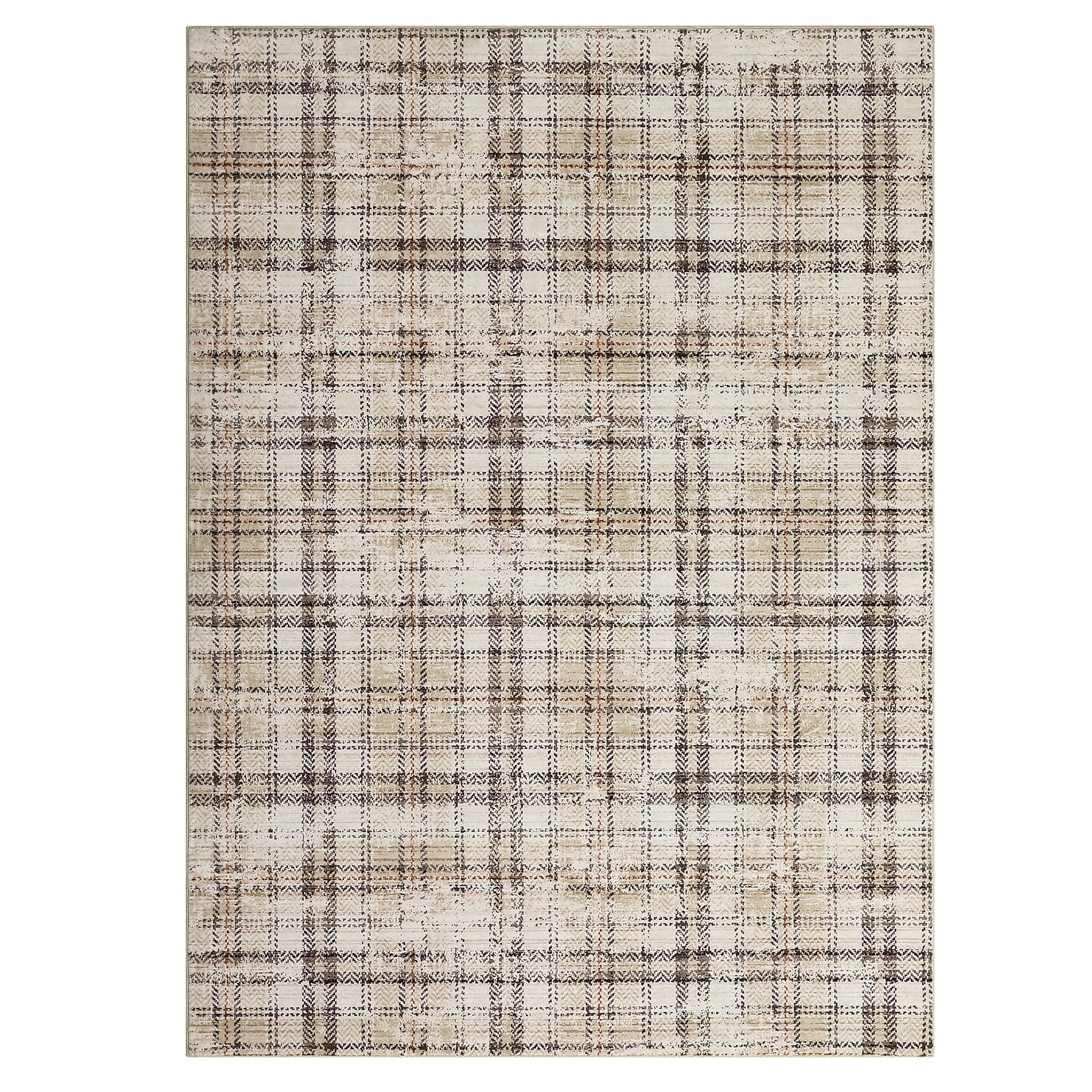 8x10 Washable Beige Plaid Area Rug - Non-Slip Low Pile Soft Indoor ...