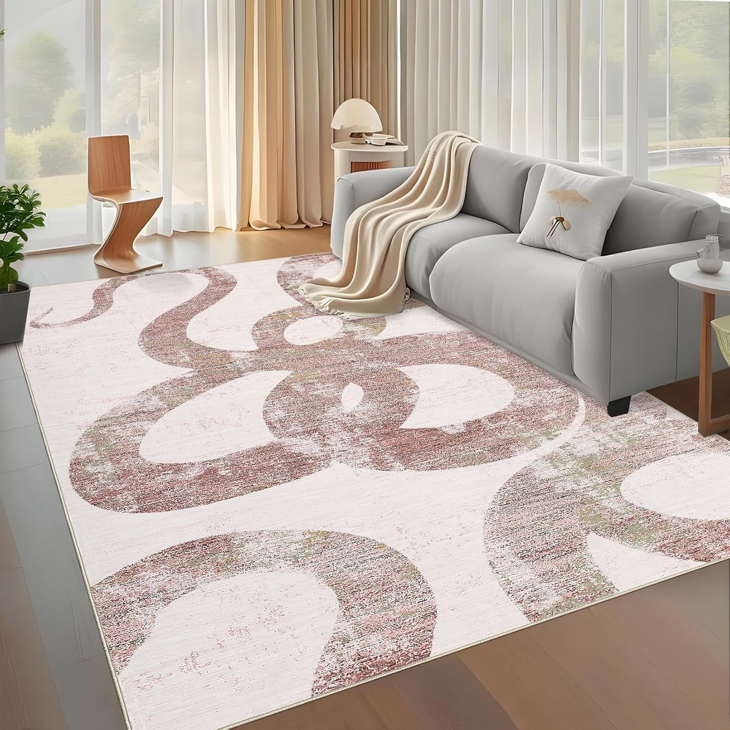 8x10 Washable Pink Rug, Non-Slip, Soft, Ultra Thin, Modern Abstract ...