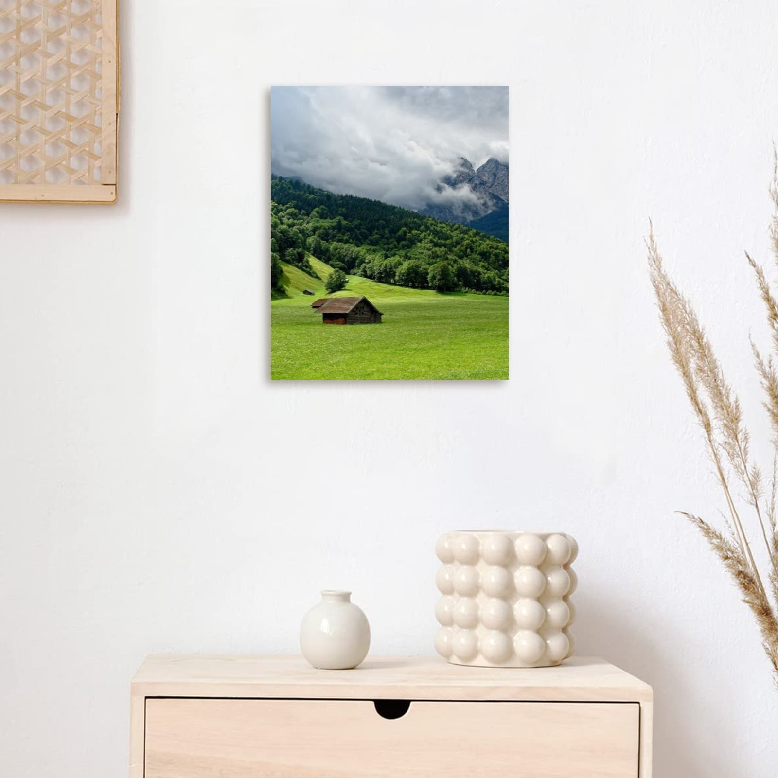 8x10 Wood Panel Print - Mountain Cabin Meadow Scene, Serene Landscape ...