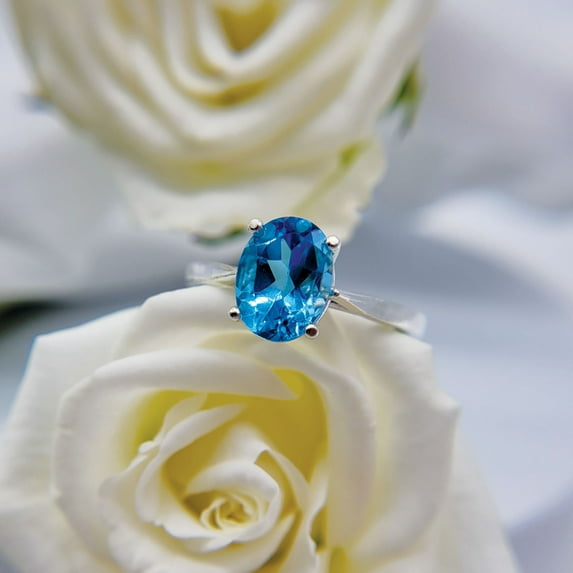 8x10 mm Swiss Blue Topaz Sterling Silver Solitaire Ring, Handmade Oval ...