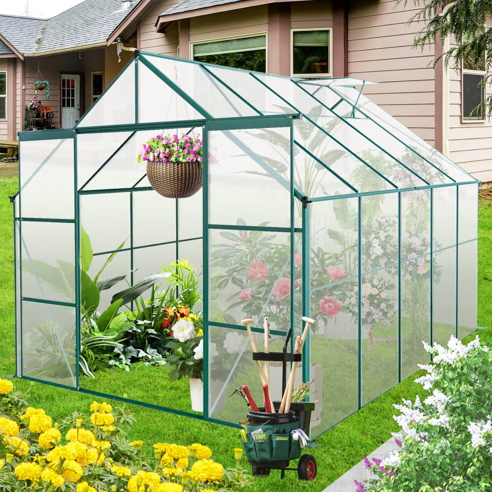 8x10FT Double Door Polycarbonate Greenhouse Raised Base and Anchor ...