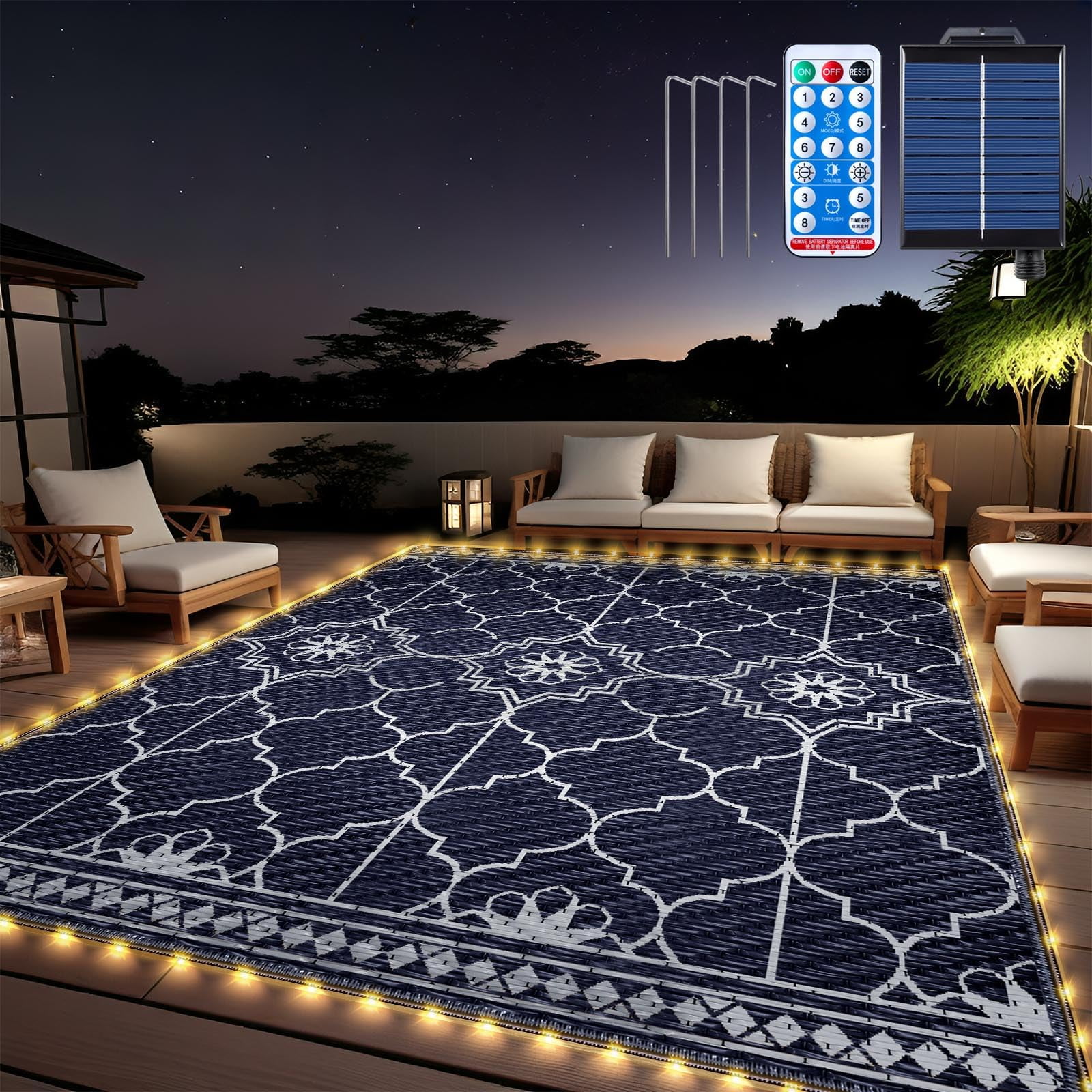 8x10Ft Outdoor Rug, Solar Powered Outdoor Rug with 113LEDs Strip Lights ...