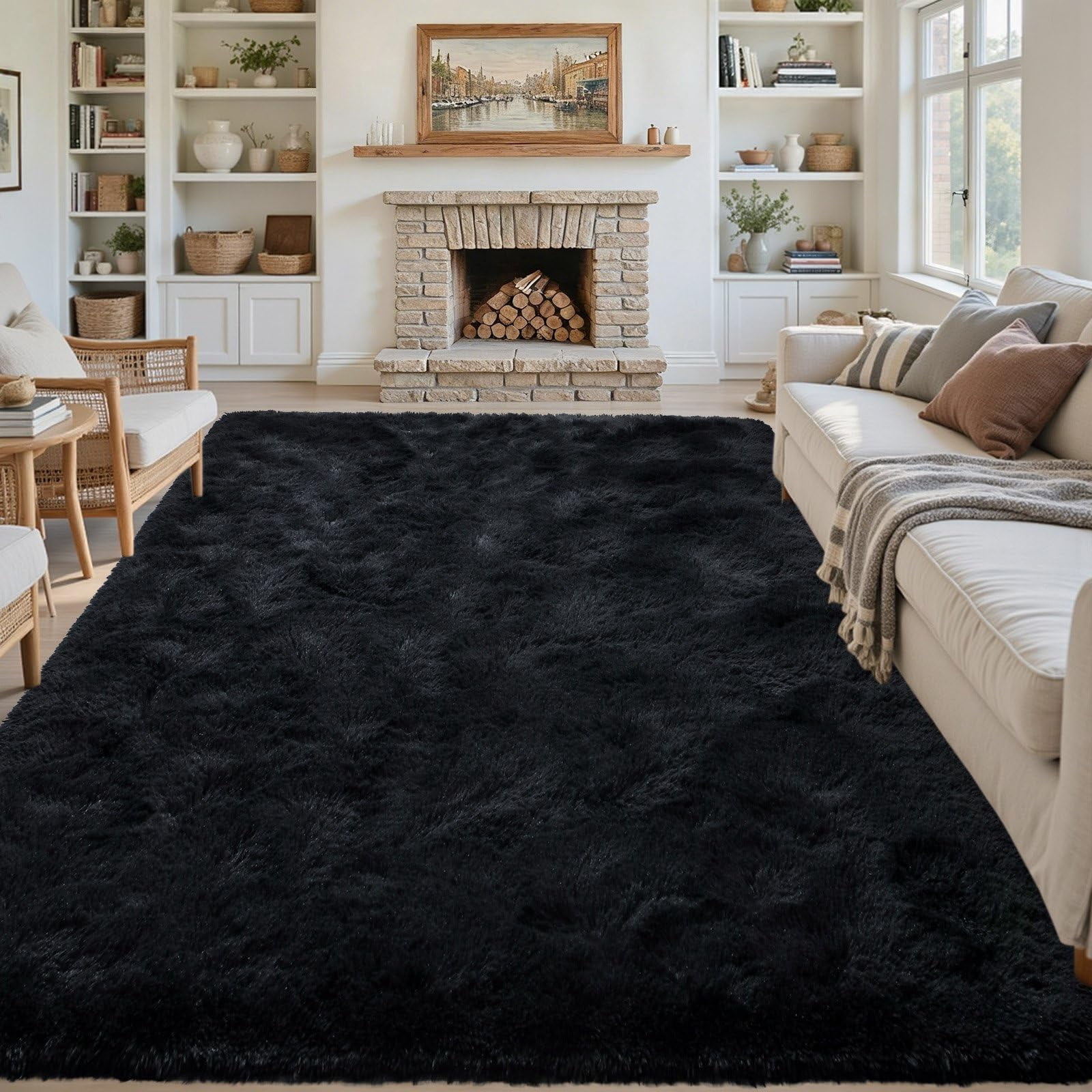 8x10ft Black Fuzzy Plush Living Room Rugs Large Soft Fluffy Bedroom ...