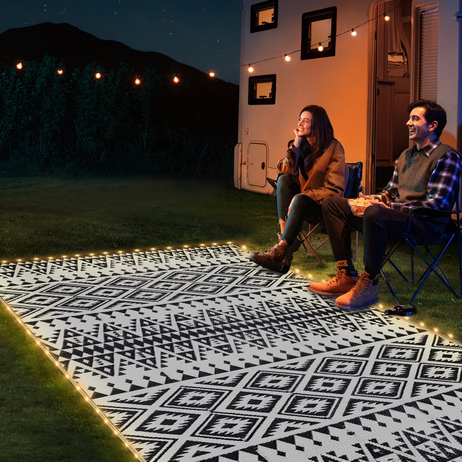 8x10ft Waterproof Outdoor Rug with LED Lights, Bohemia Reversible ...