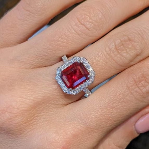 8x10mm Emerald Cut Simulated Red Ruby Ring, Engagement Ring, 14k Solid ...