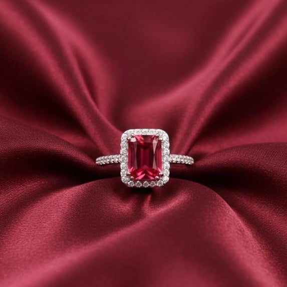 8x10mm Raspberry Prism Ruby & Diamond Halo Women's Engagement Ring 14K ...