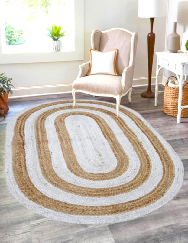 8x11 Ft Oval White & Natural Jute Area Rug, Hand-Woven Farmhouse Boho ...