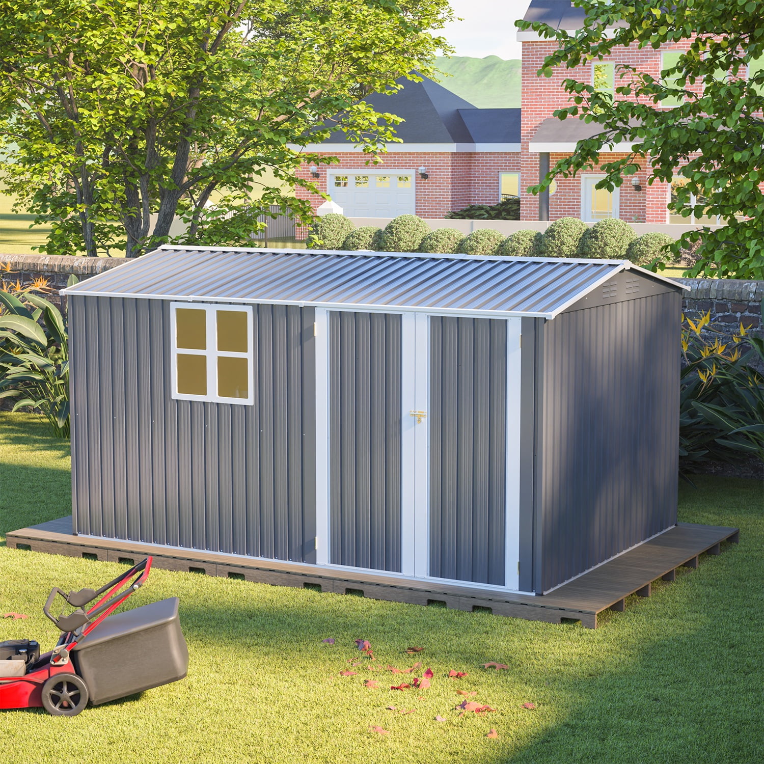 8x12 FT Outdoor Metal Storage Shed with Window & Floor Frame, Lockable ...